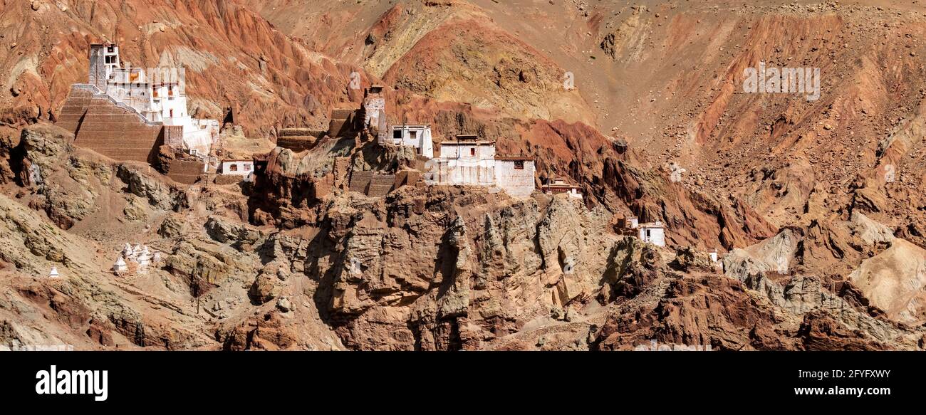 Panoramic view of ruins and Basgo Monastery surrounded with stones and ...