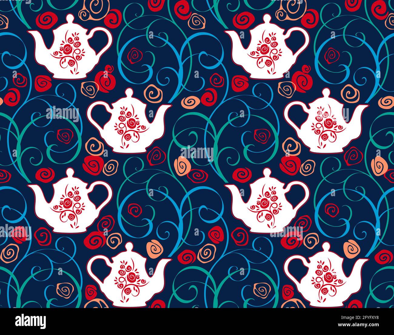 Seamless pattern with Tea Pots and Roses in 6 colors Stock Photo - Alamy