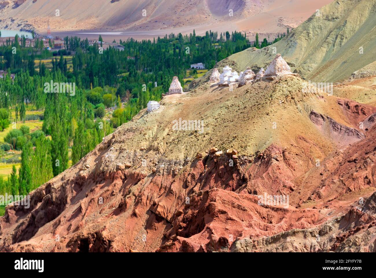 White buddhist religious stupas at Leh, Ladakh, Jammu and Kashmir ...