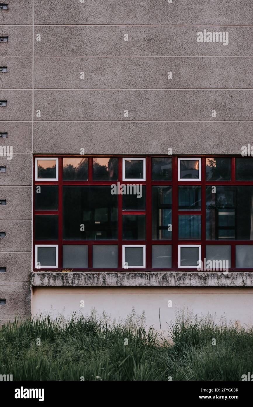 Vertical shot of glass windows on a facade building with grass below ...
