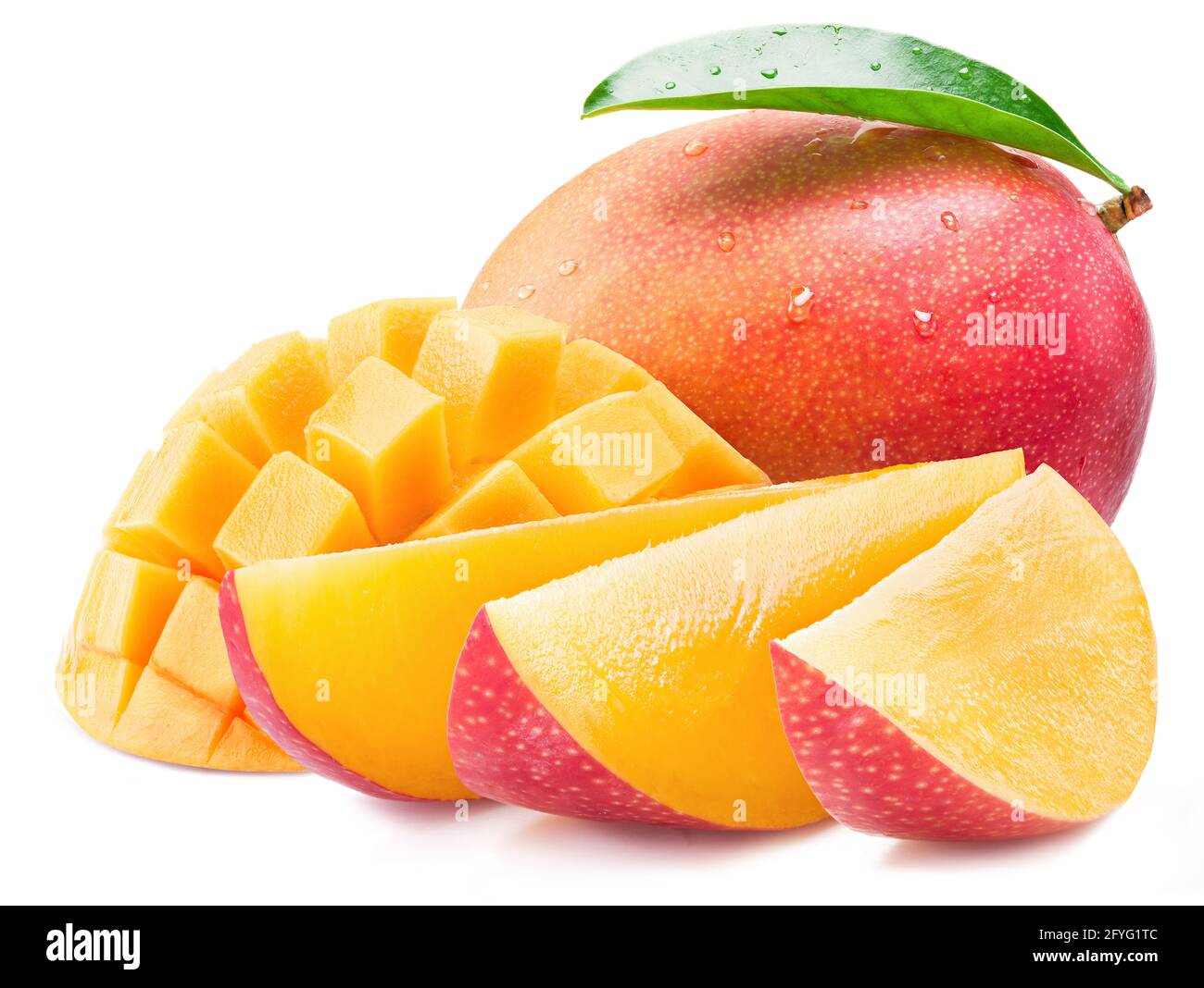 Mango fruit with mango cubes and leaves isolated on a white background ...