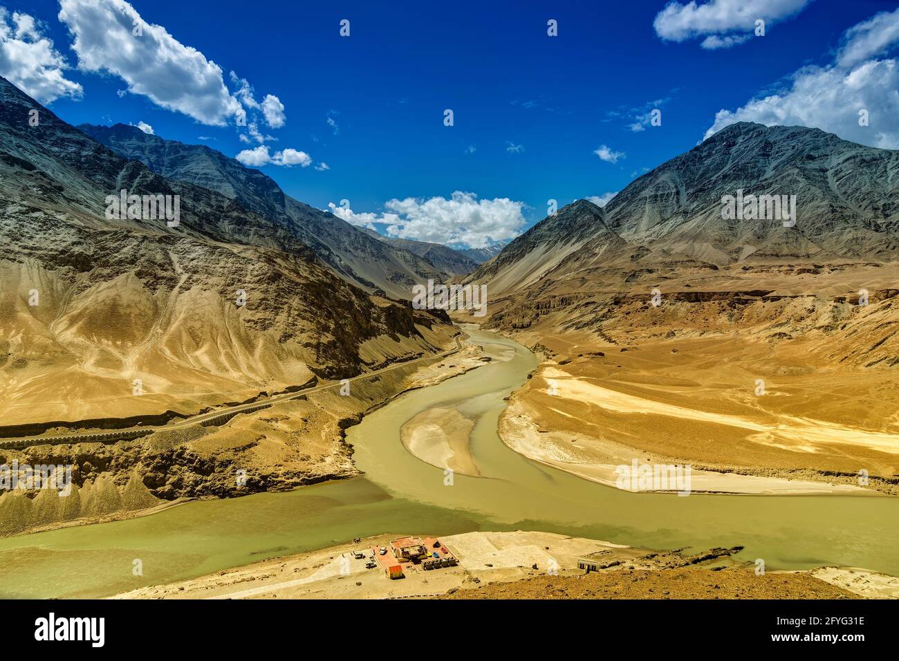 Scenic view of Confluence of Zanskar and Indus , two himalayan rivers ...