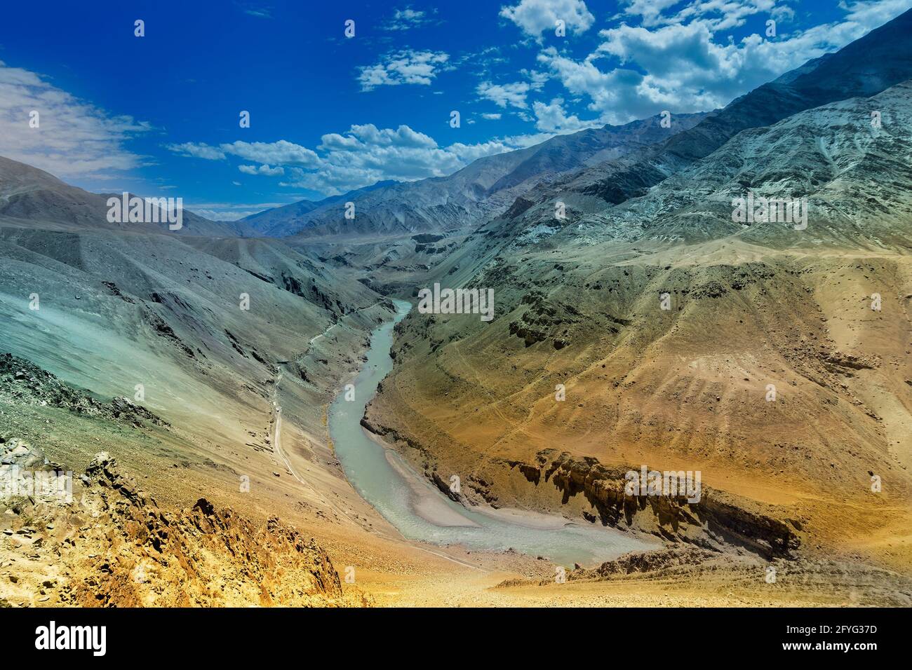 Zanskar river - top view with blue sky with clouds and Himalayan ...
