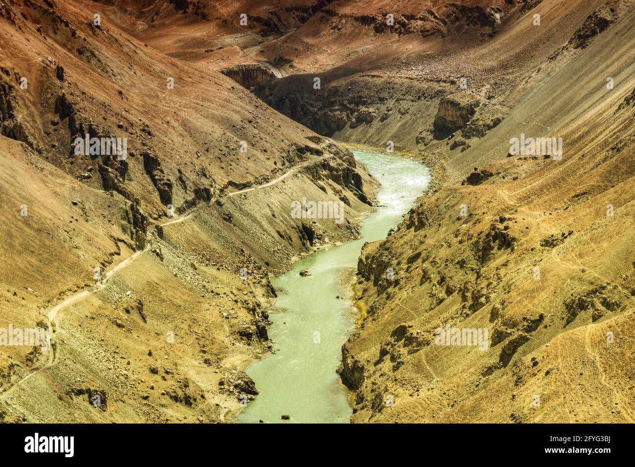 Zanskar river flowing through rocks of Ladakh, Jammu and Kashmir ...