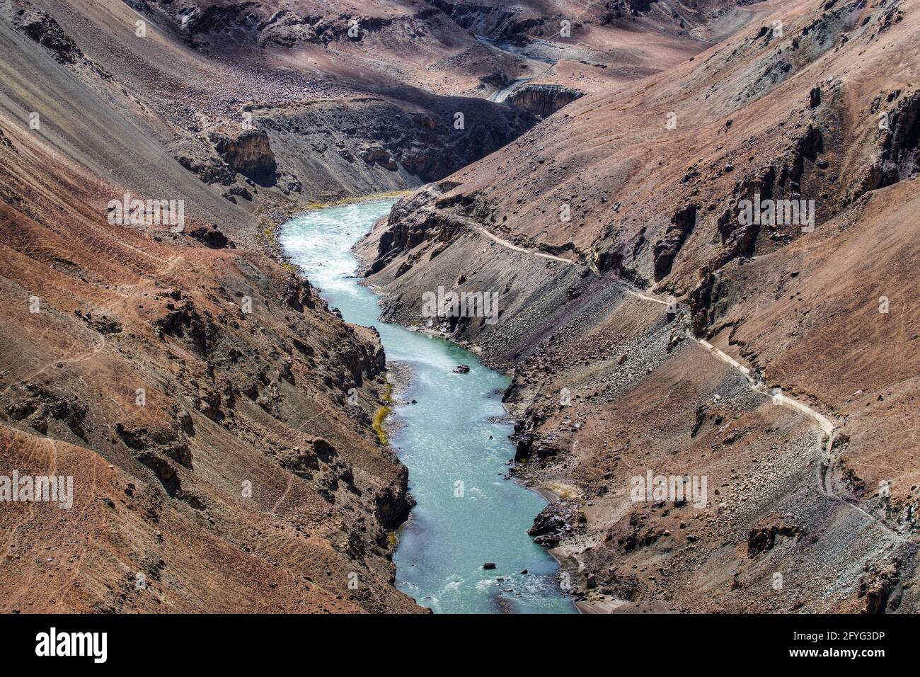 Zanskar river flowing through rocks of Ladakh, Jammu and Kashmir ...
