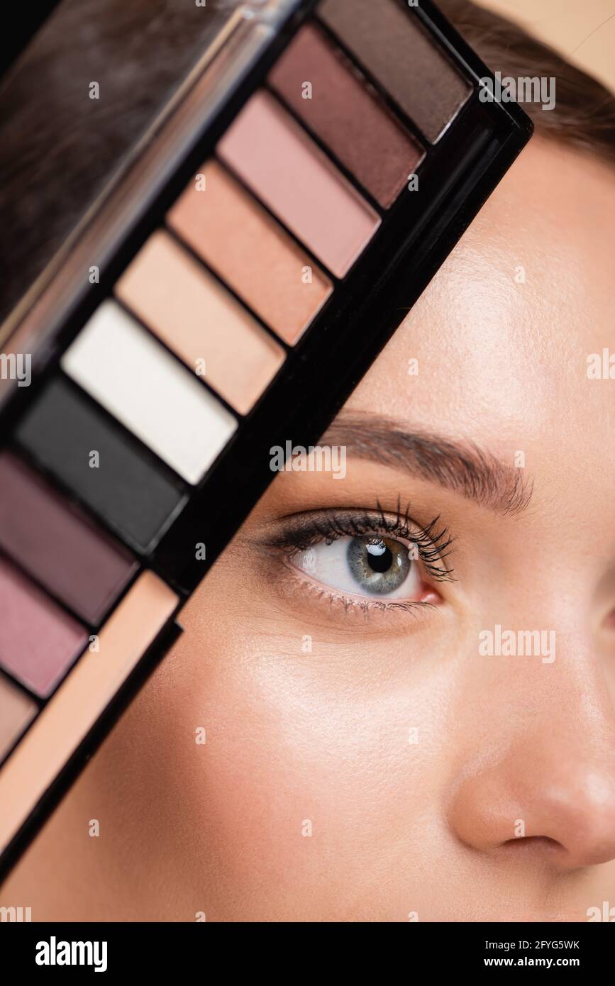 partial view of female face near eye shadows palette Stock Photo - Alamy