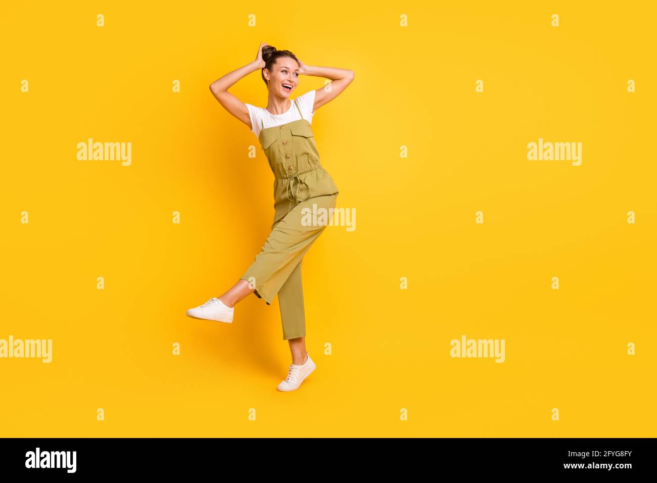 Full size photo of optimistic brunette lady dance look empty space wear ...