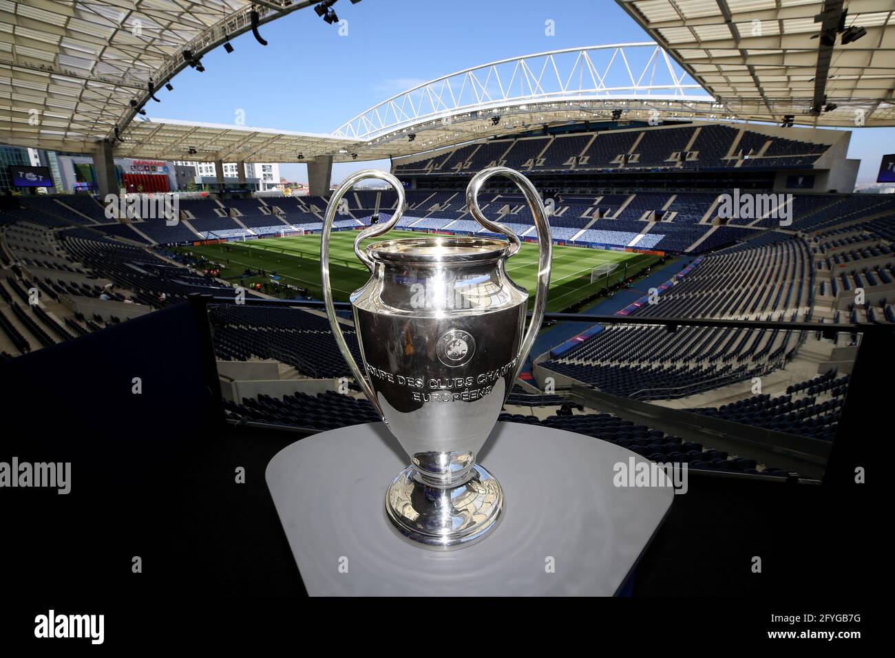 The UEFA Champions League trophy on display in the ground during a ...