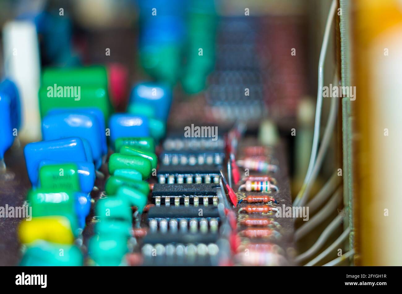 Vintage electronic circuit boards with radio parts and chips, close-up ...