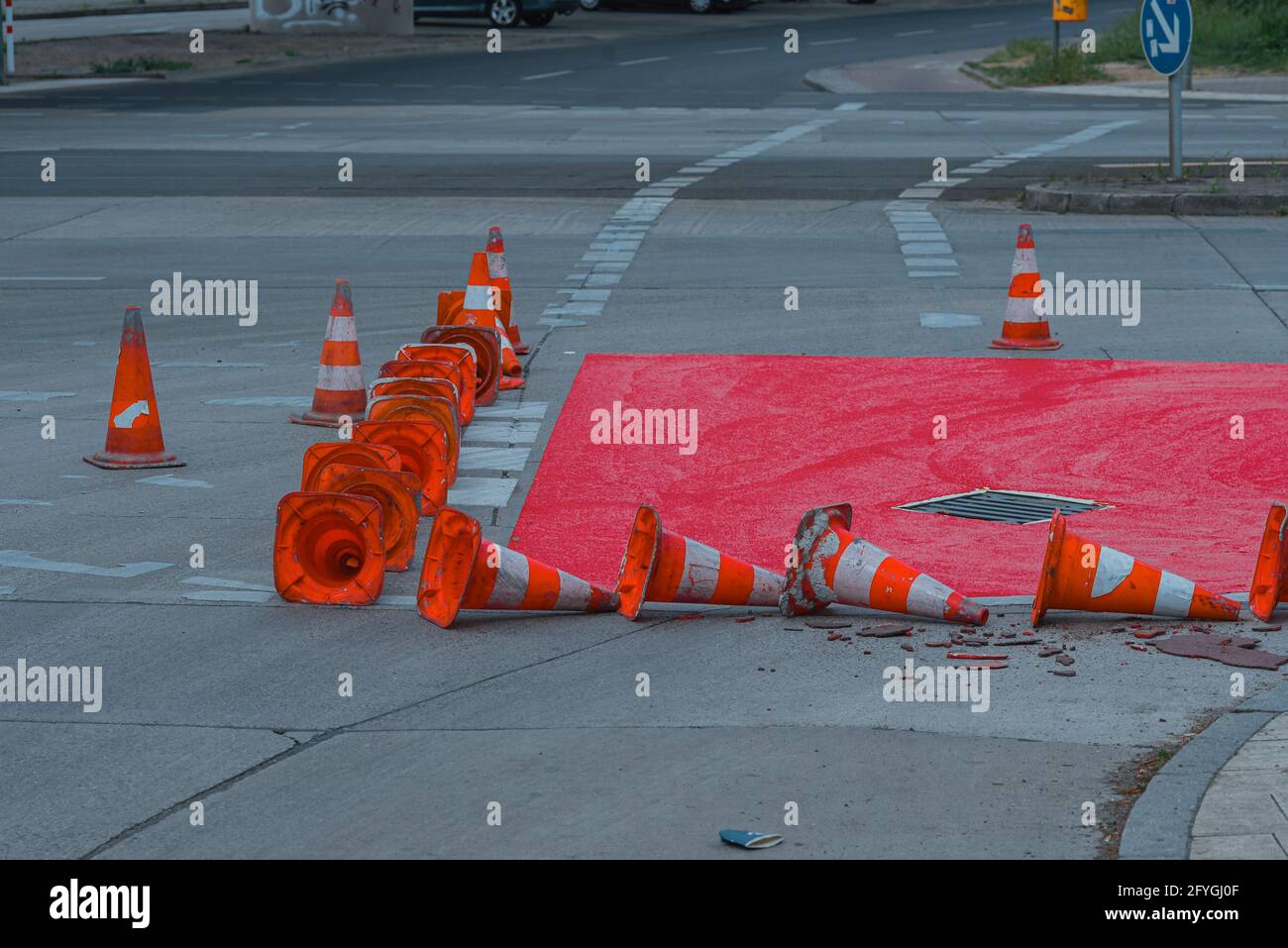 A closed cycle path that is being repainted, a cycle path is closed off ...