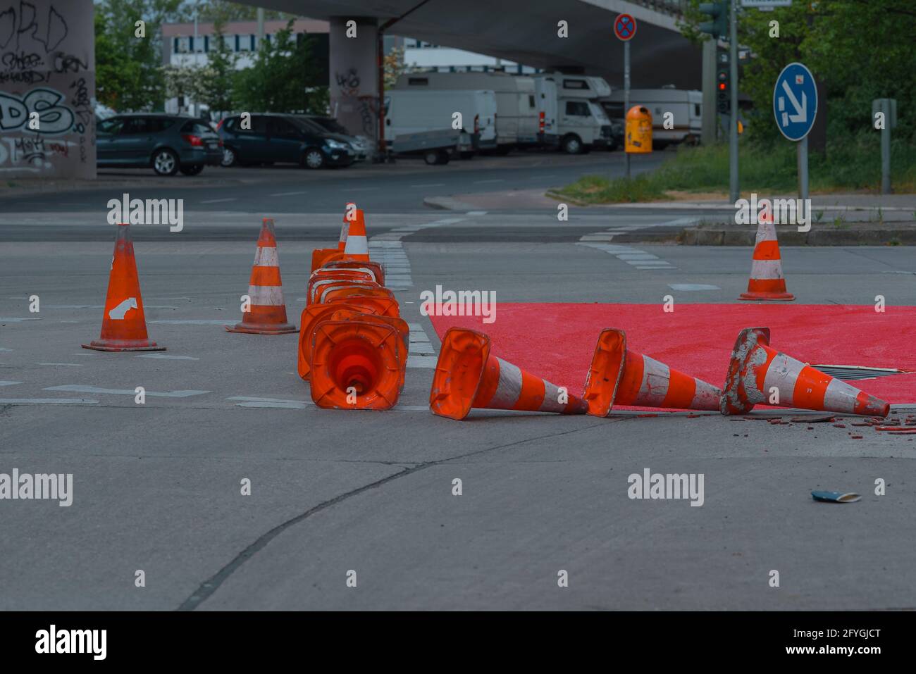 A closed cycle path that is being repainted, a cycle path is closed off ...