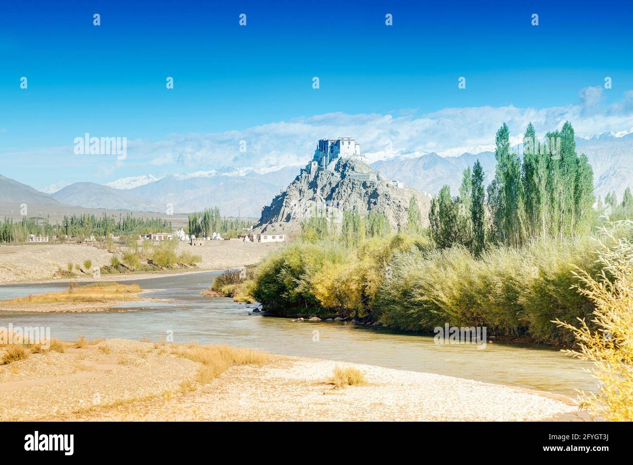 Stakna monastery with view of Himalayan mountians - it is a famous ...