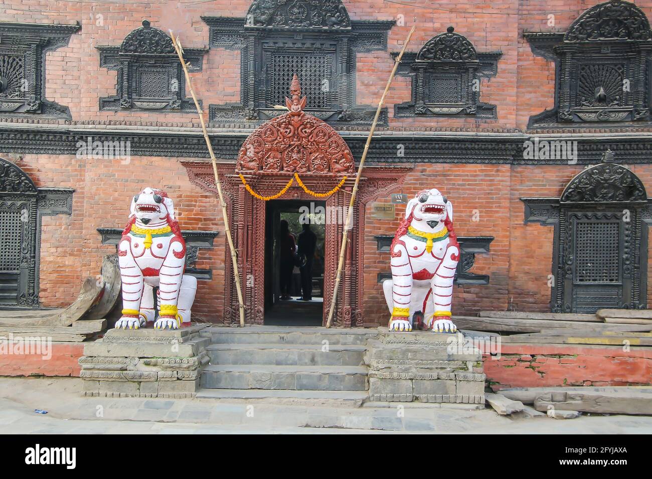 White lion statues guard the Kumari House in Durbar Square, Kathmandu ...