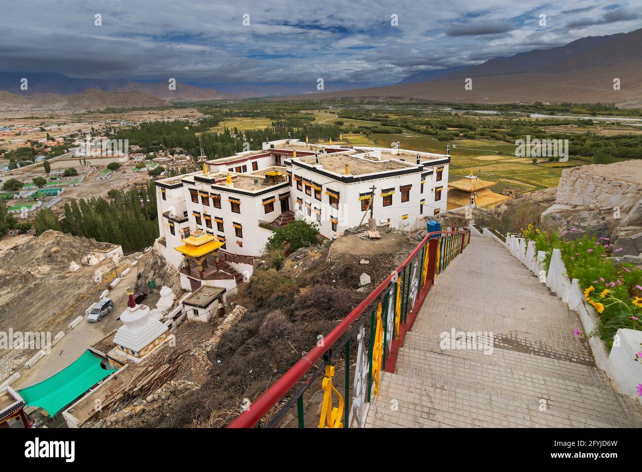 Ancient spitok monastery - stairs going down with view of Himalayan ...