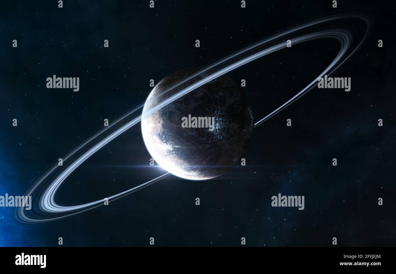 Inhabited planet in deep space with satellite. Beautiful cosmic ...