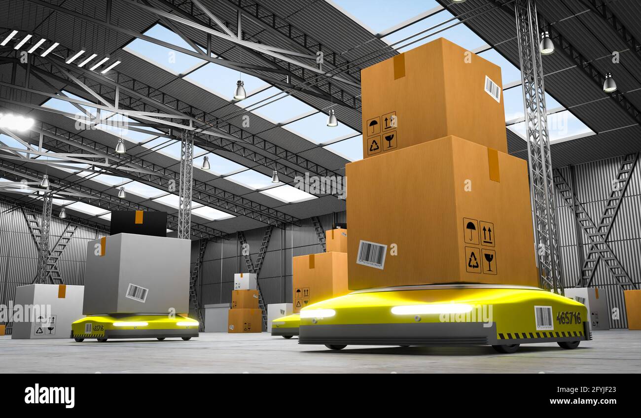 Autonomous robots moving packages in warehouse - 3D illustration Stock ...