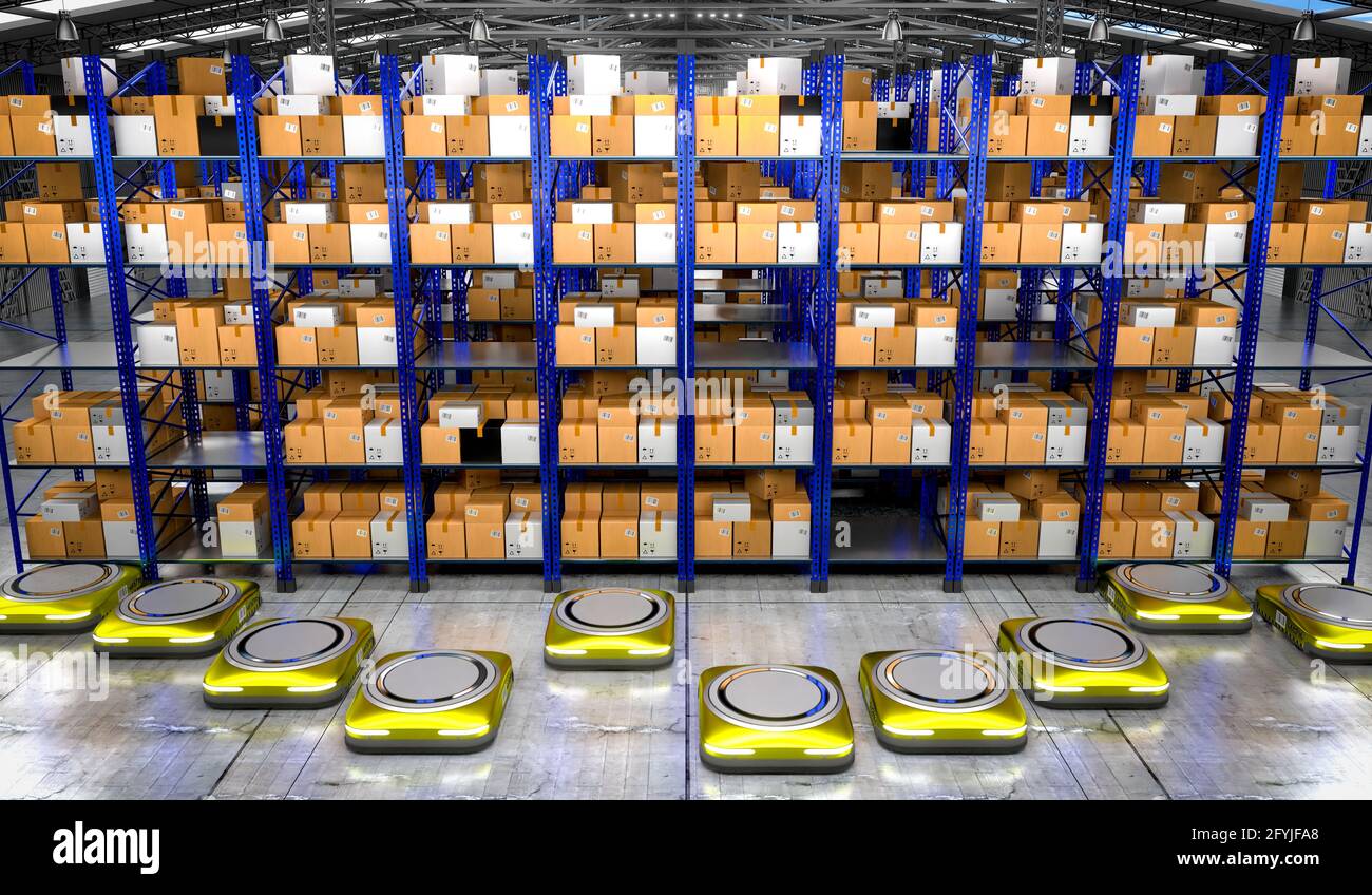 Warehouse with packages, rack shelves and robots - 3D illustration ...