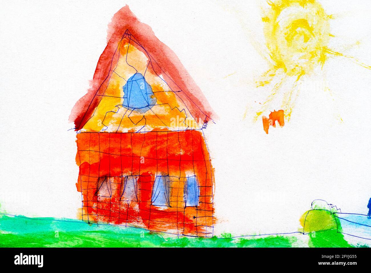 Watercolour child hand drawing. Orange house, grass and sun Stock Photo ...