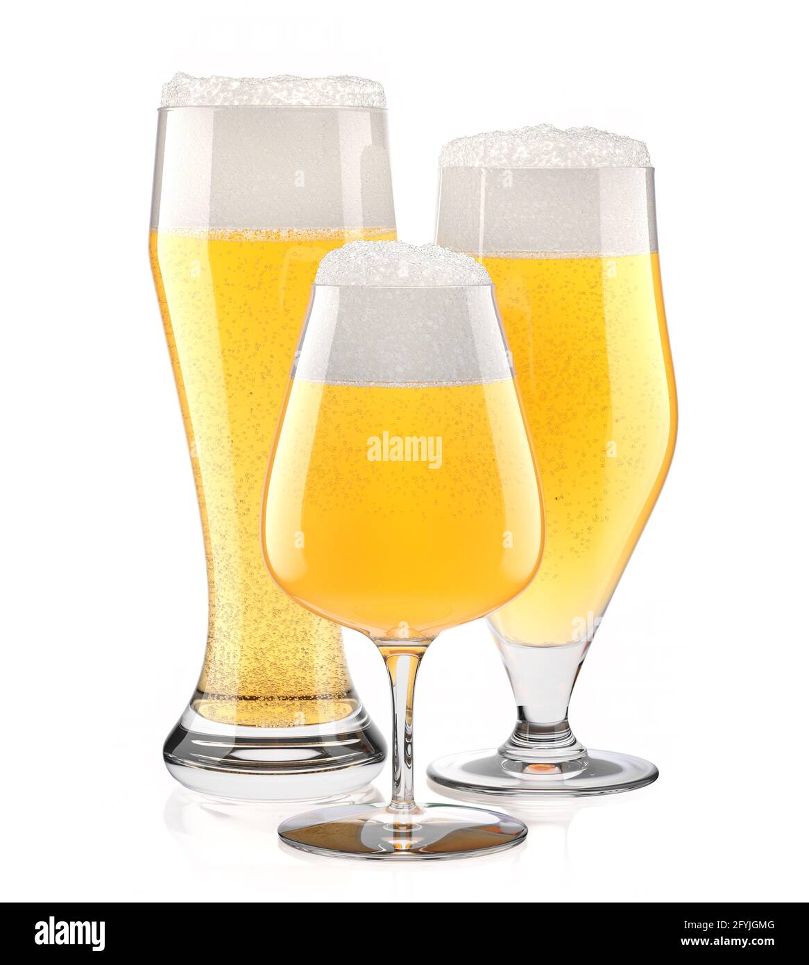 Set of fresh light beer glasses with bubble froth isolated on white ...