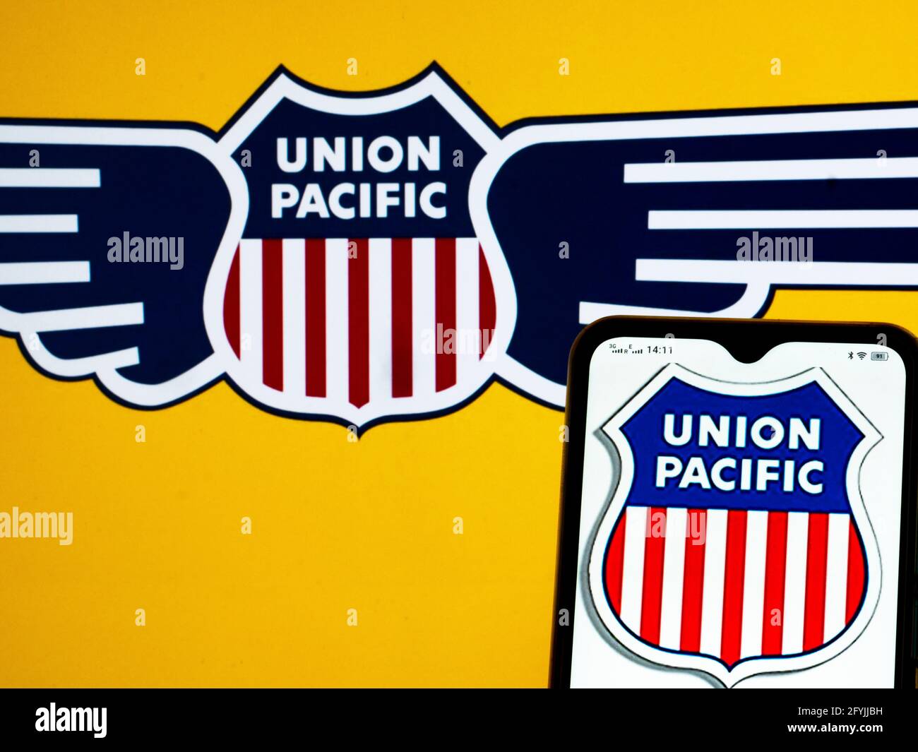 In this photo illustration, Union Pacific Railroad logo seen displayed ...