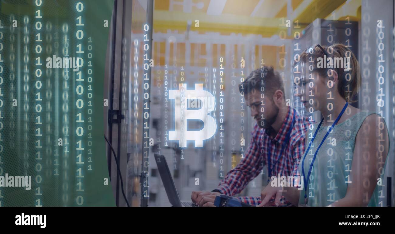 Composition of bitcoin symbol, binary coding over it people checking computer servers Stock ...