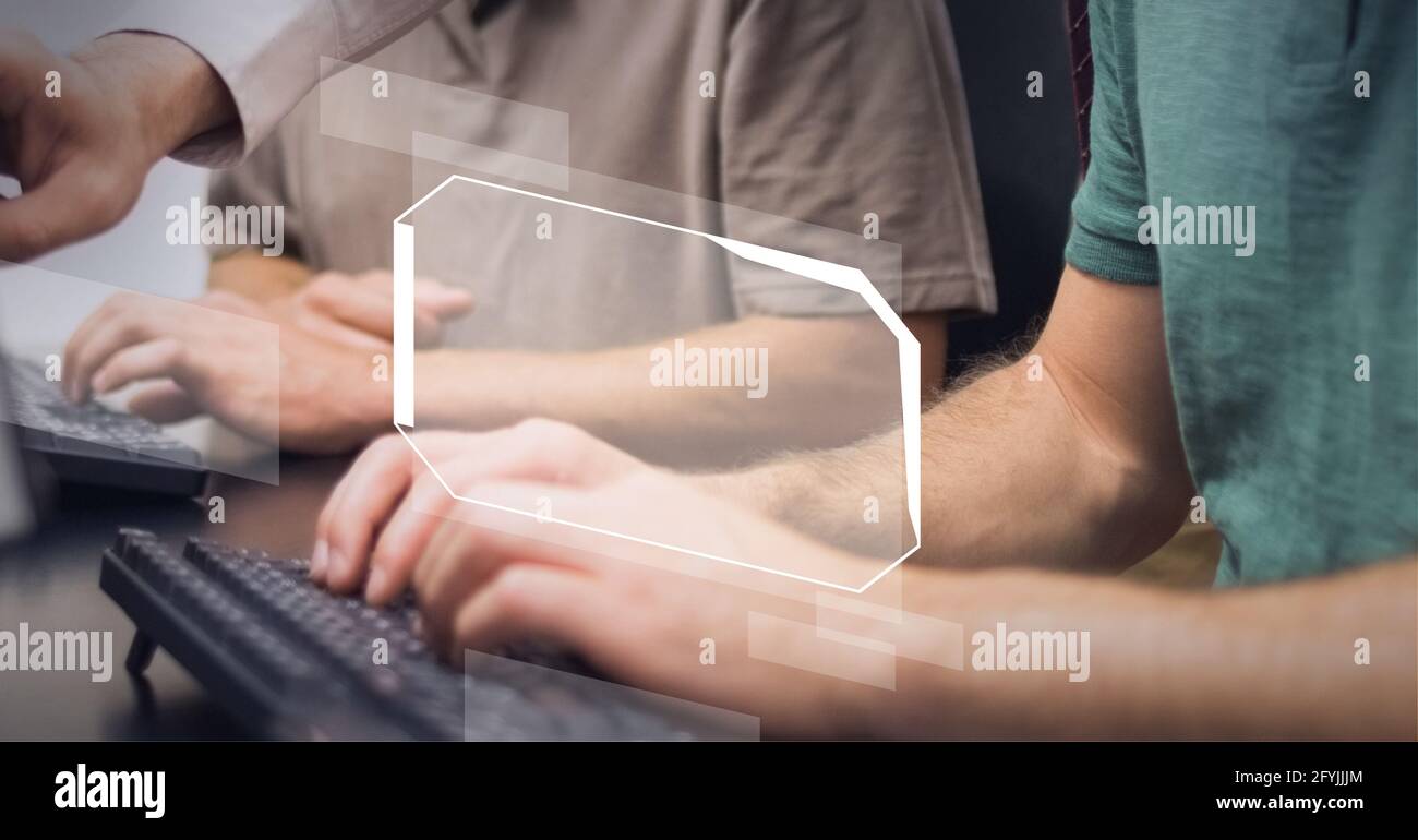 Composition of digital screens over people using computers Stock Photo ...