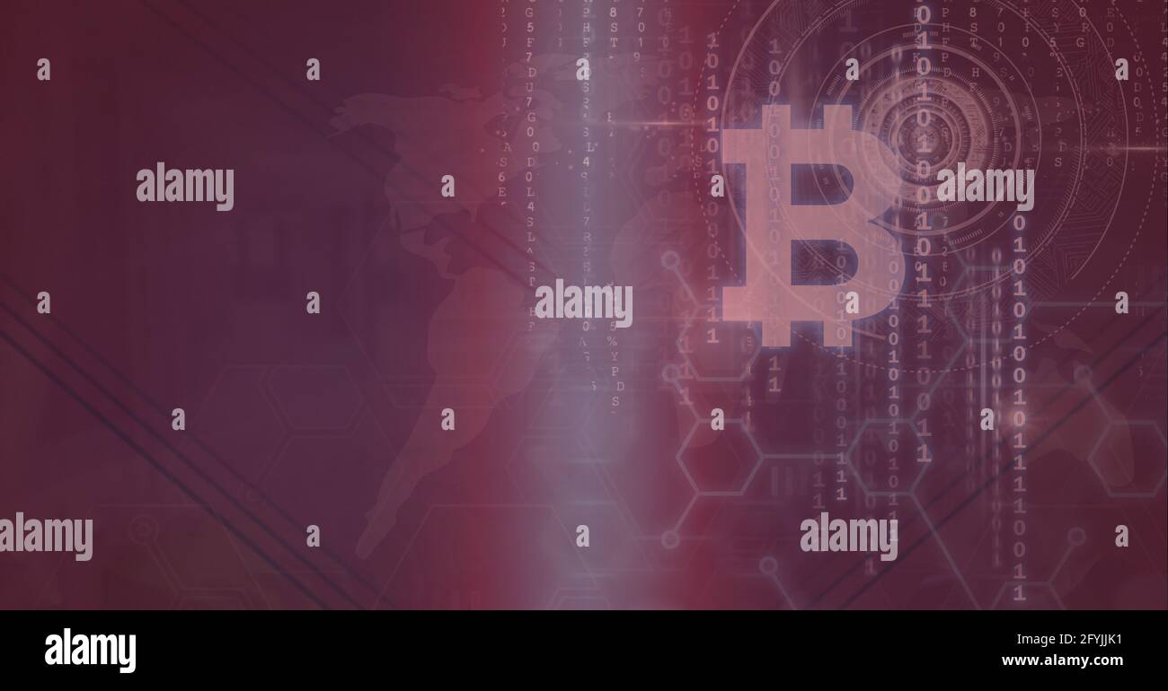 Composition Of Bitcoin Symbol And Binary Coding Processing On World Map 8071