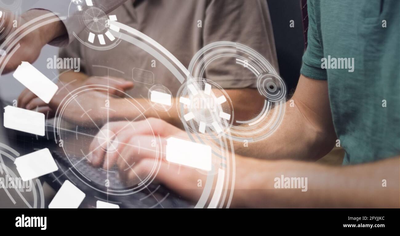 Composition of scope scanning and data processing over people using computers Stock Photo - Alamy