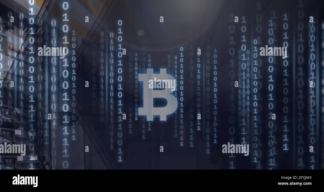 Composition of bitcoin symbol and binary coding processing on blue background Stock Photo - Alamy