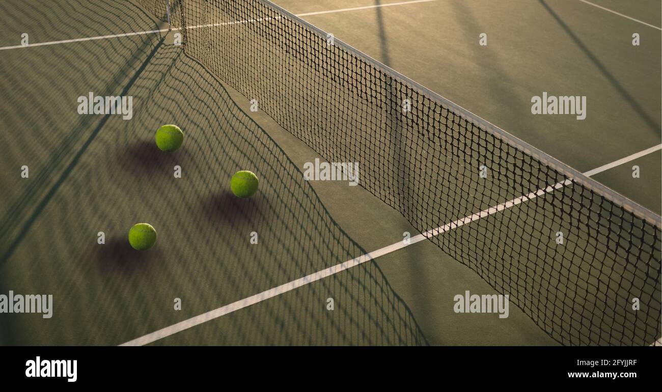 Composition of three tennis balls on tennis court with copy space Stock ...