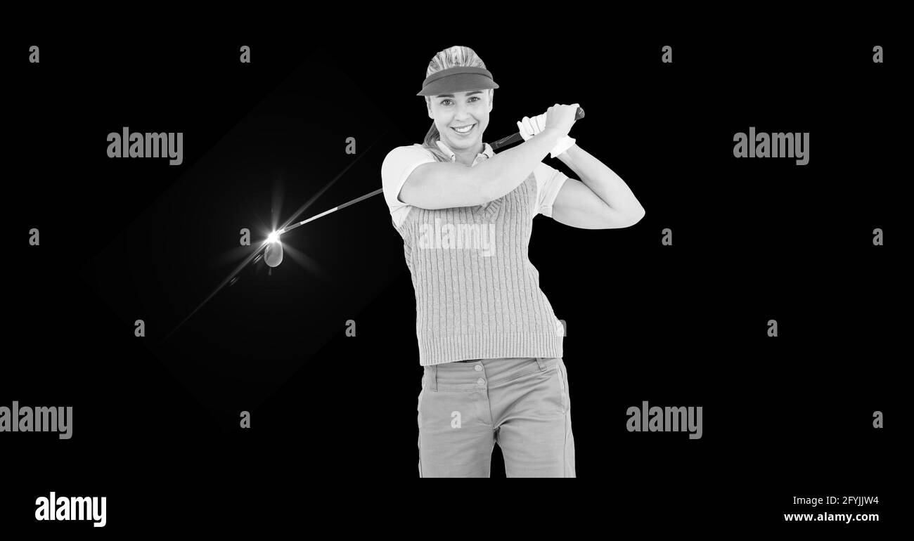 Composition of caucasian female golf player with golf club and copy ...