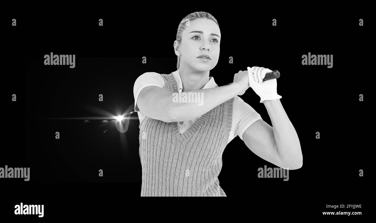 Composition of caucasian female golf player with golf club and copy ...