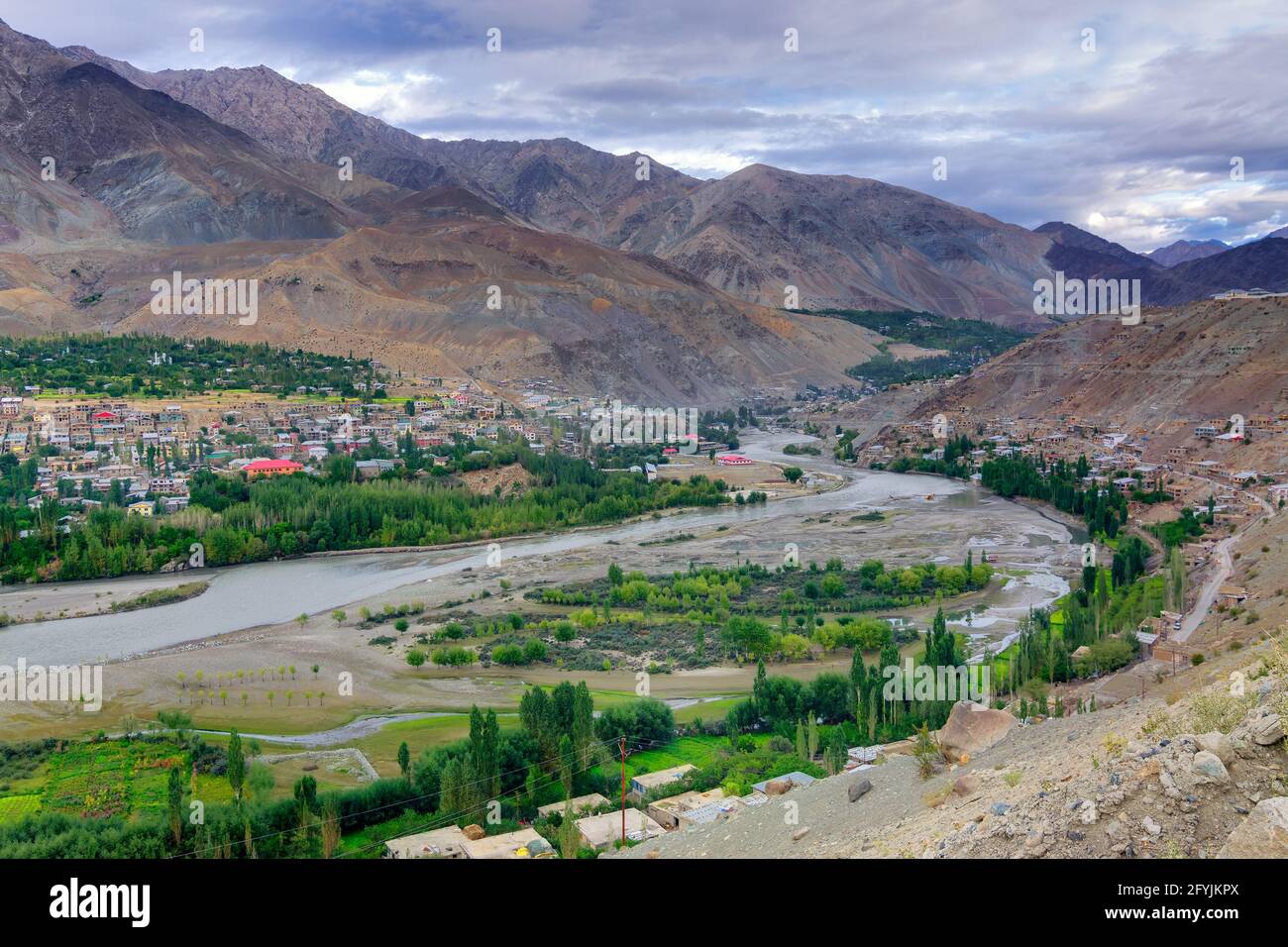 Top view of Indus river and Kargil City valley with Himalayan mountains ...