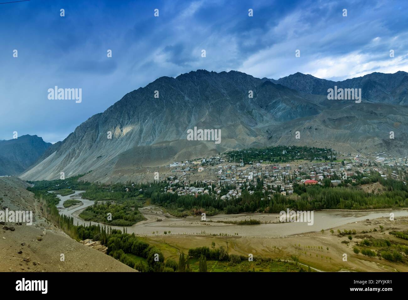 Top view of Indus river and Kargil City with Himalayan mountains in ...