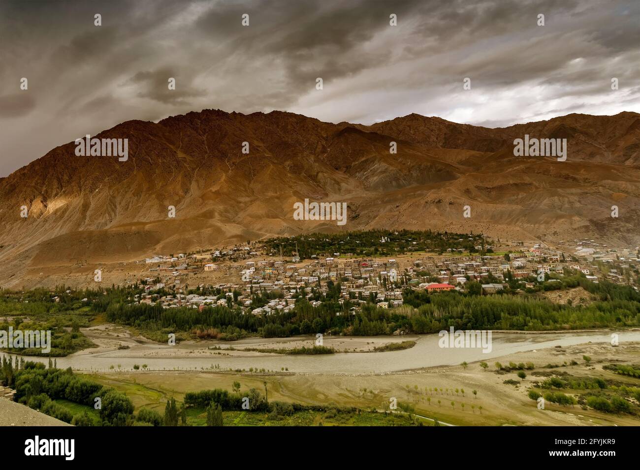 Top view of Indus river and Kargil City with Himalayan mountains in ...