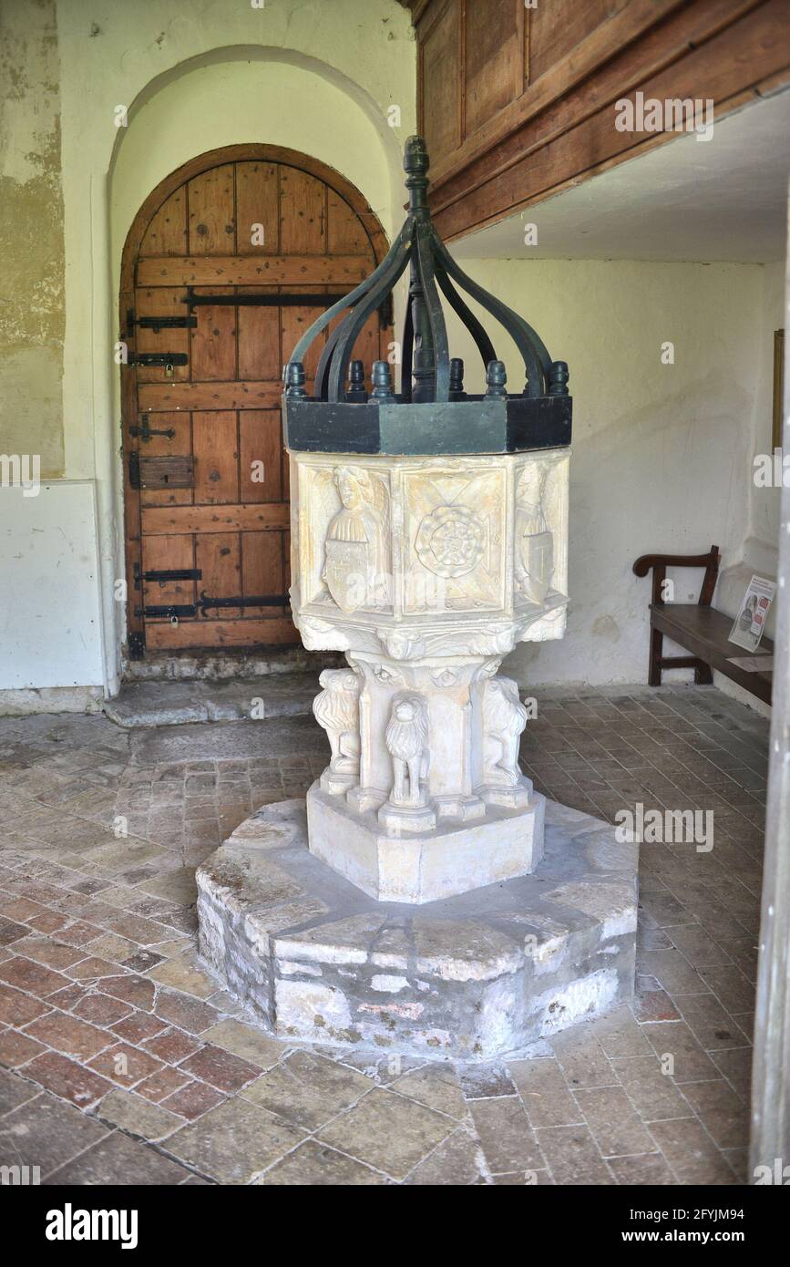15th century font in the redundant Church of St Margaret, Hales ...