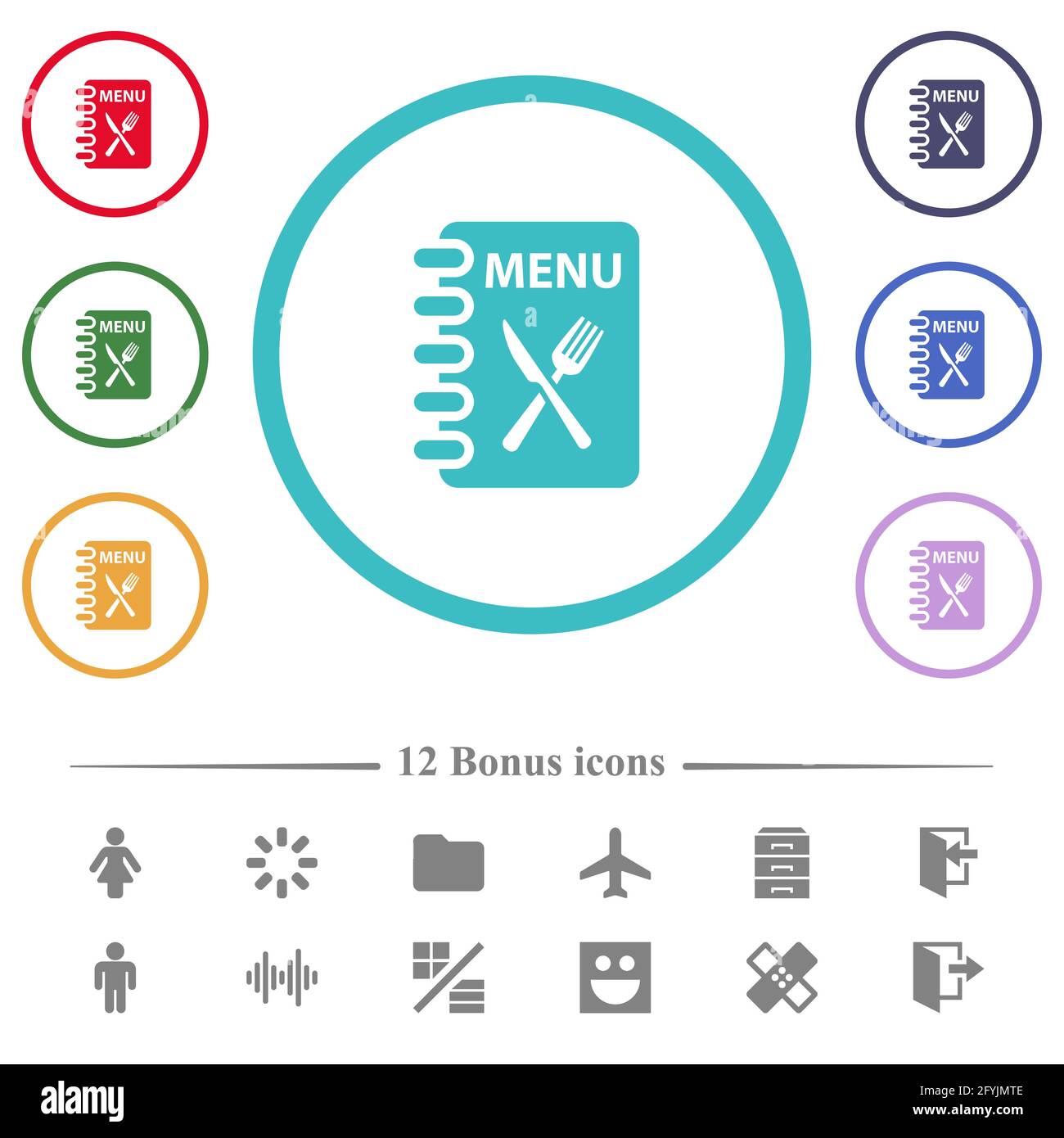 Menu with fork and knife flat color icons in circle shape outlines. 12 ...