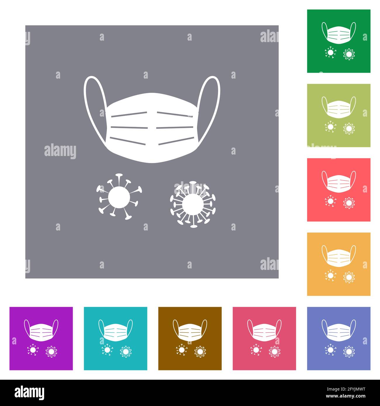 Medical mask and corona viruses flat icons on simple color square ...