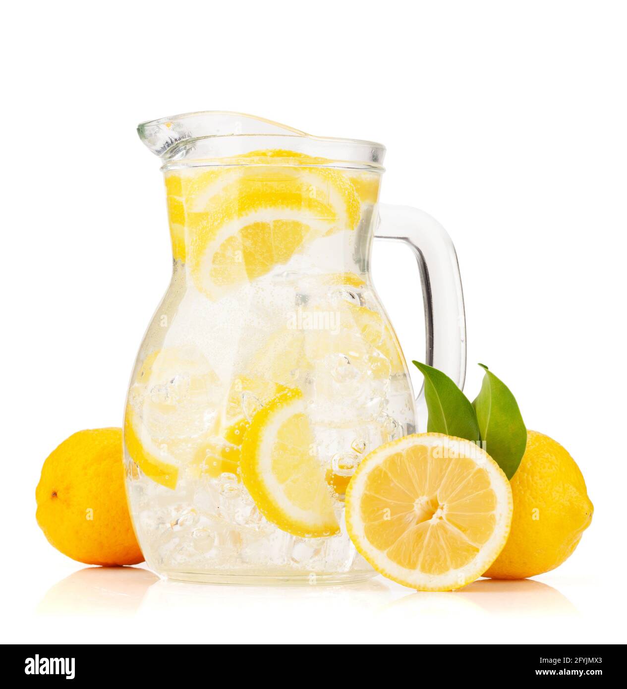 Fresh lemonade glass pitcher with ripe citrus fruits. Isolated on white ...