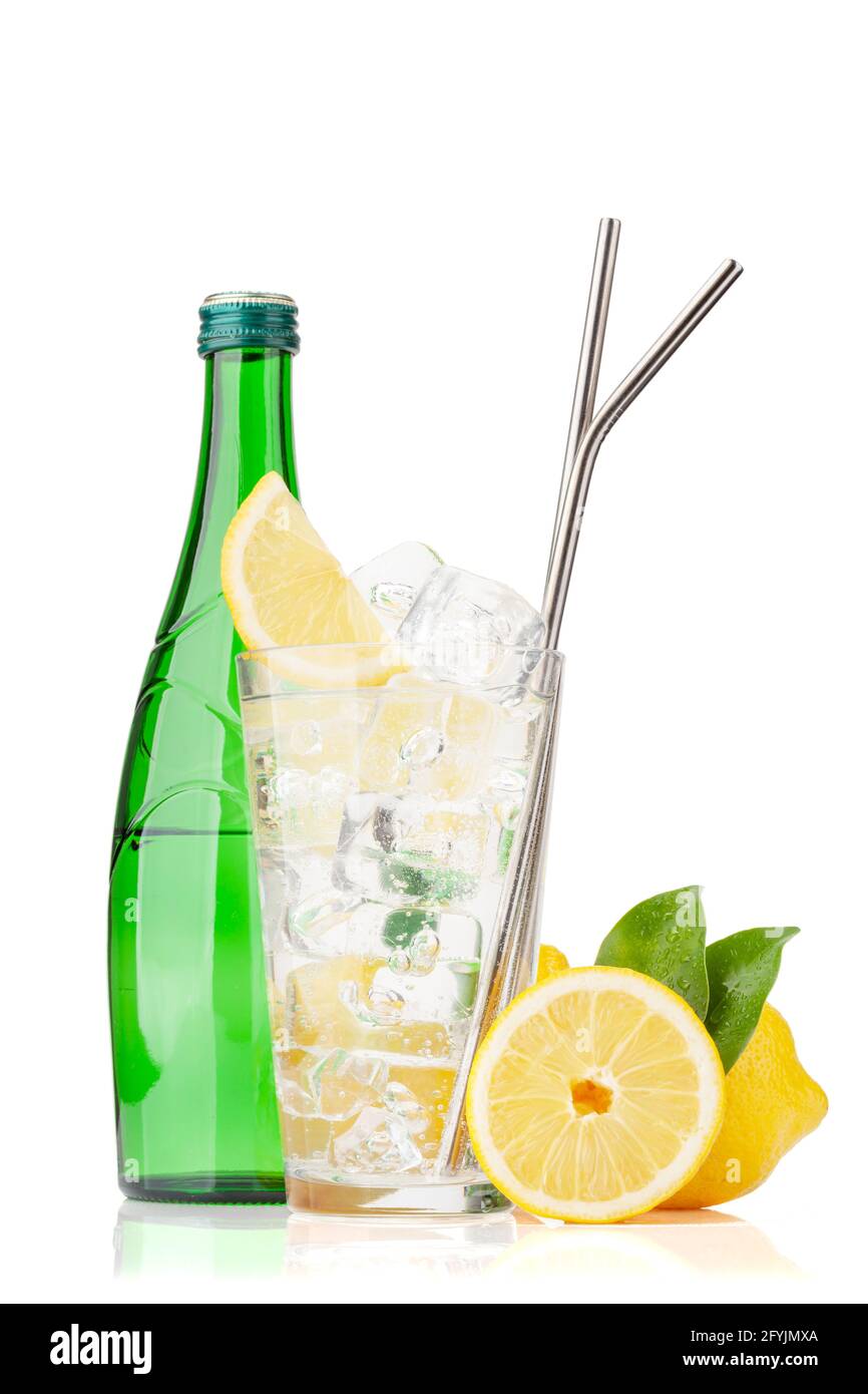 Fresh lemonade bottle and glass with ripe citrus fruits. Isolated on ...