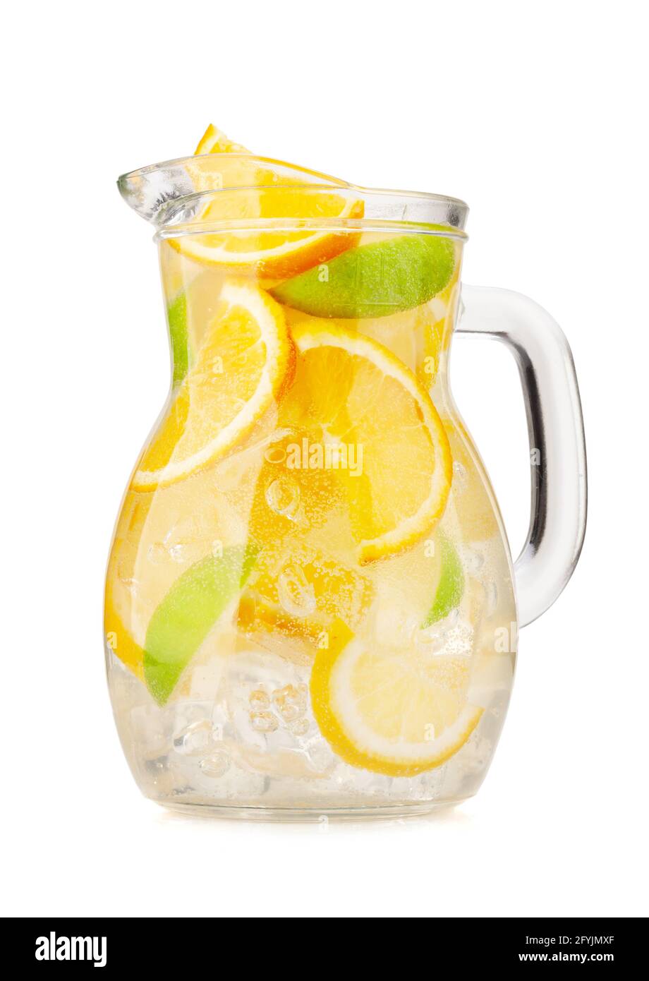 Fresh lemonade glass pitcher with ripe citrus fruits. Isolated on white ...