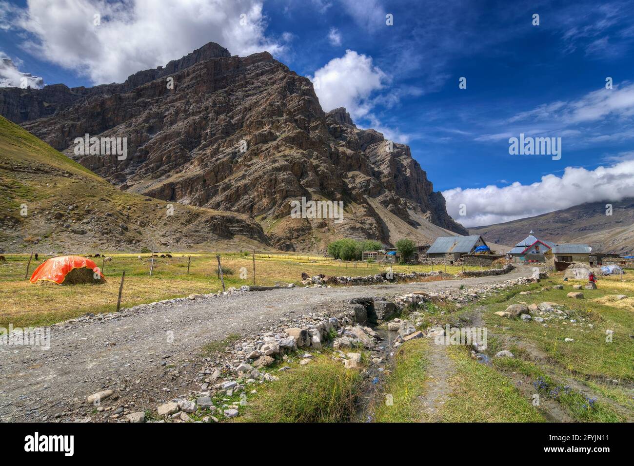 Sceneic view of Drass village with blue cloudy sky background , Kargil ...