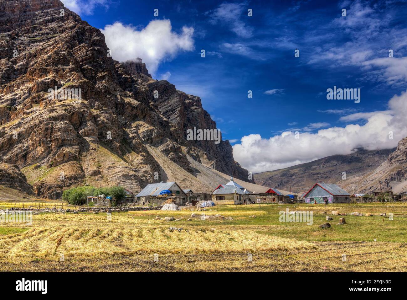 Sceneic view of Drass village with blue cloudy sky background , Kargil ...