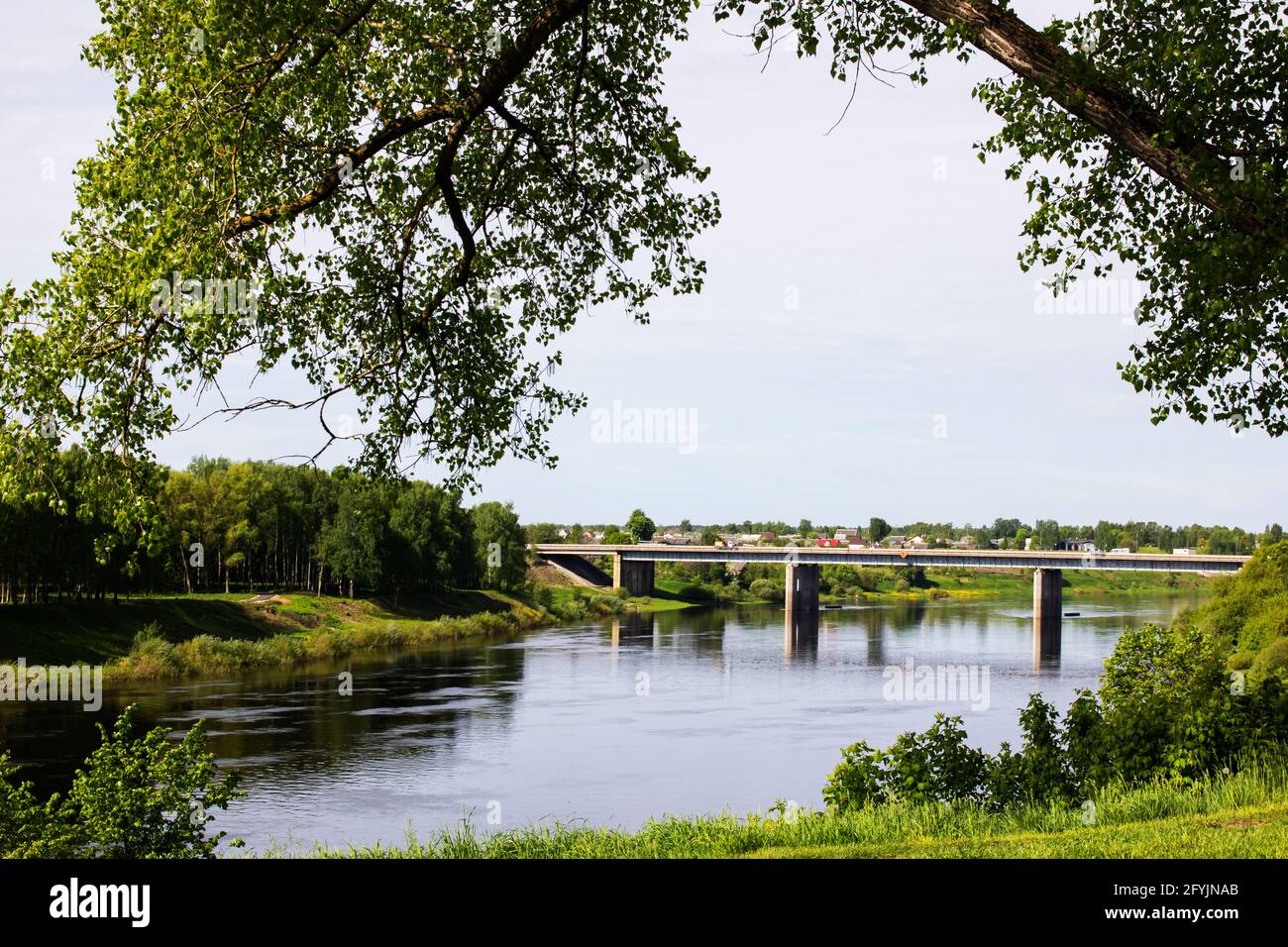 River bank with trees and a bridge for cars in summer Stock Photo - Alamy