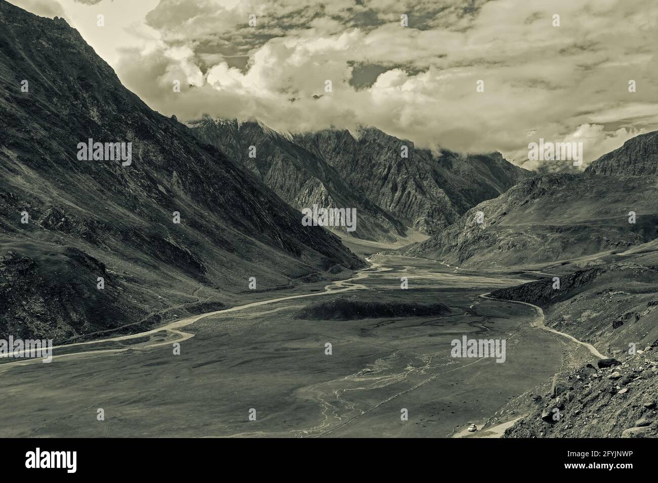 Aerial view of moody and rocky landscape of Kargil, with mountain peaks ...