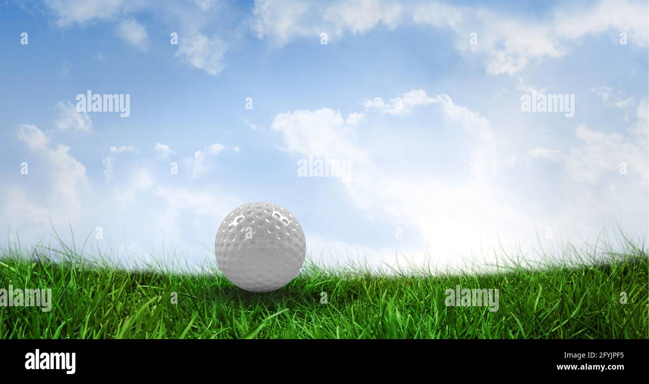Composition of golf ball in grass with clouds and blue sky Stock Photo ...
