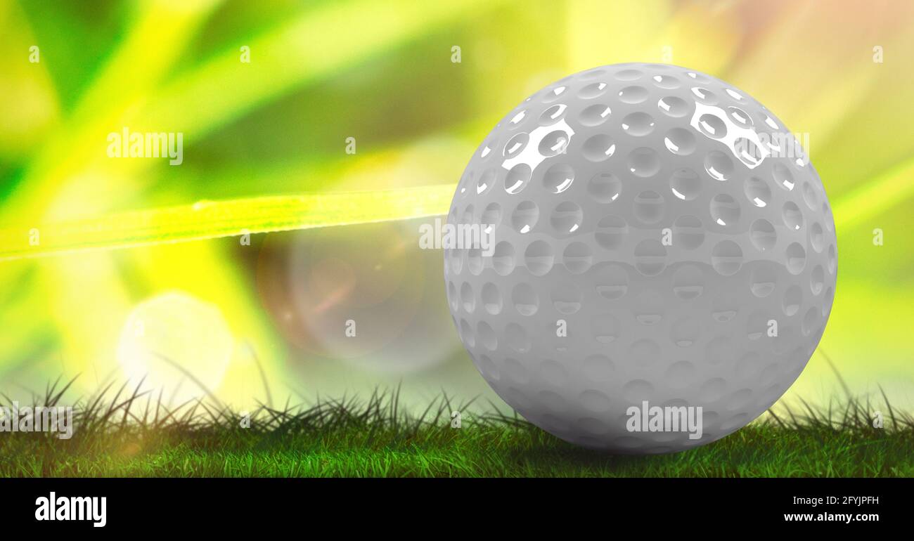 Composition of golf ball in grass, green background and copy space ...
