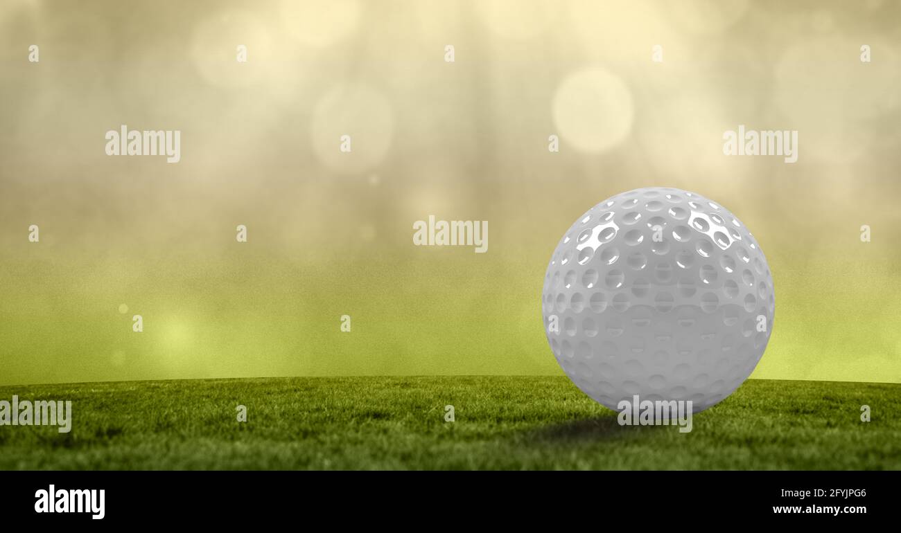 Composition of golf ball in grass, green background and copy space ...