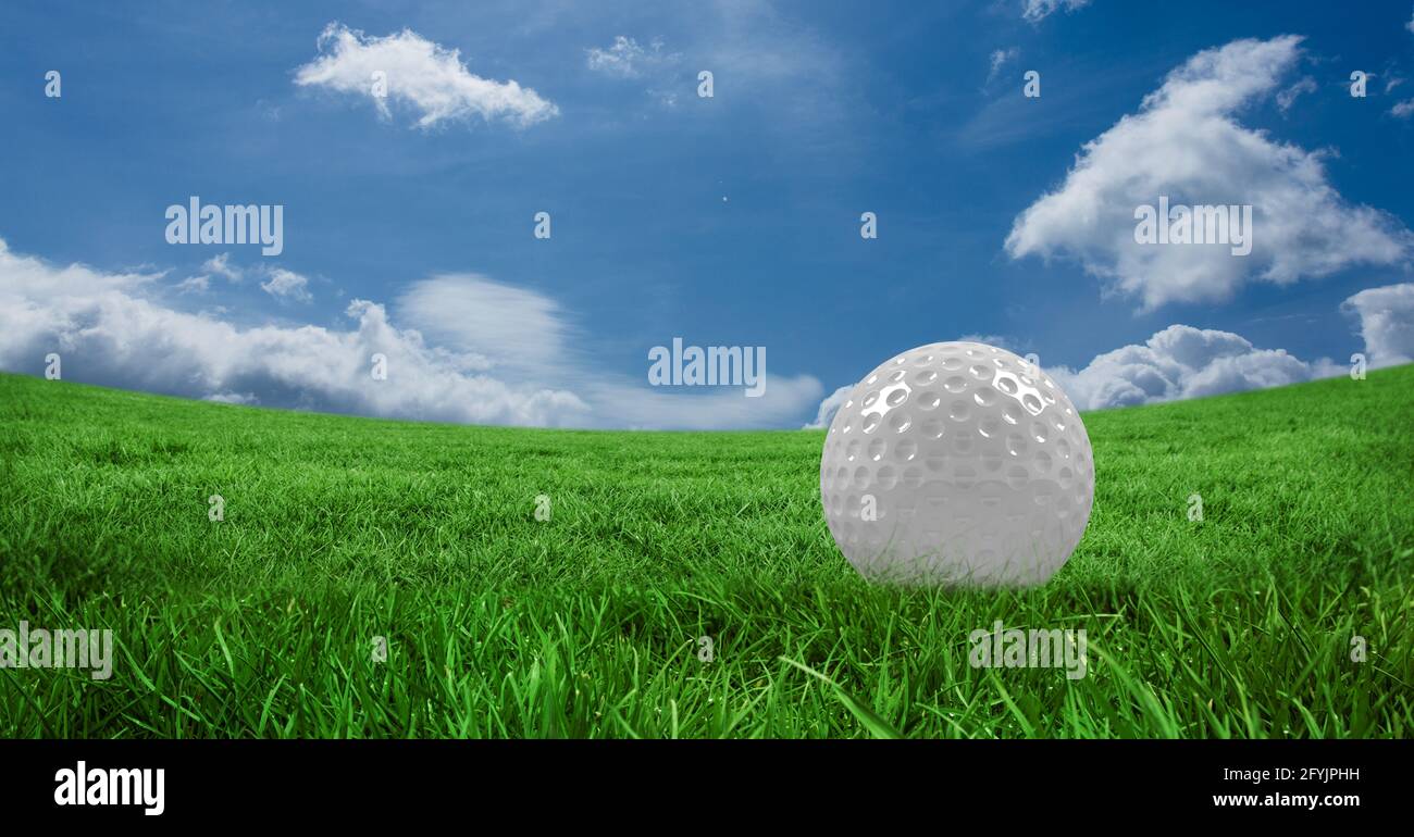 Composition of golf ball in grass, blue sky and copy space Stock Photo ...