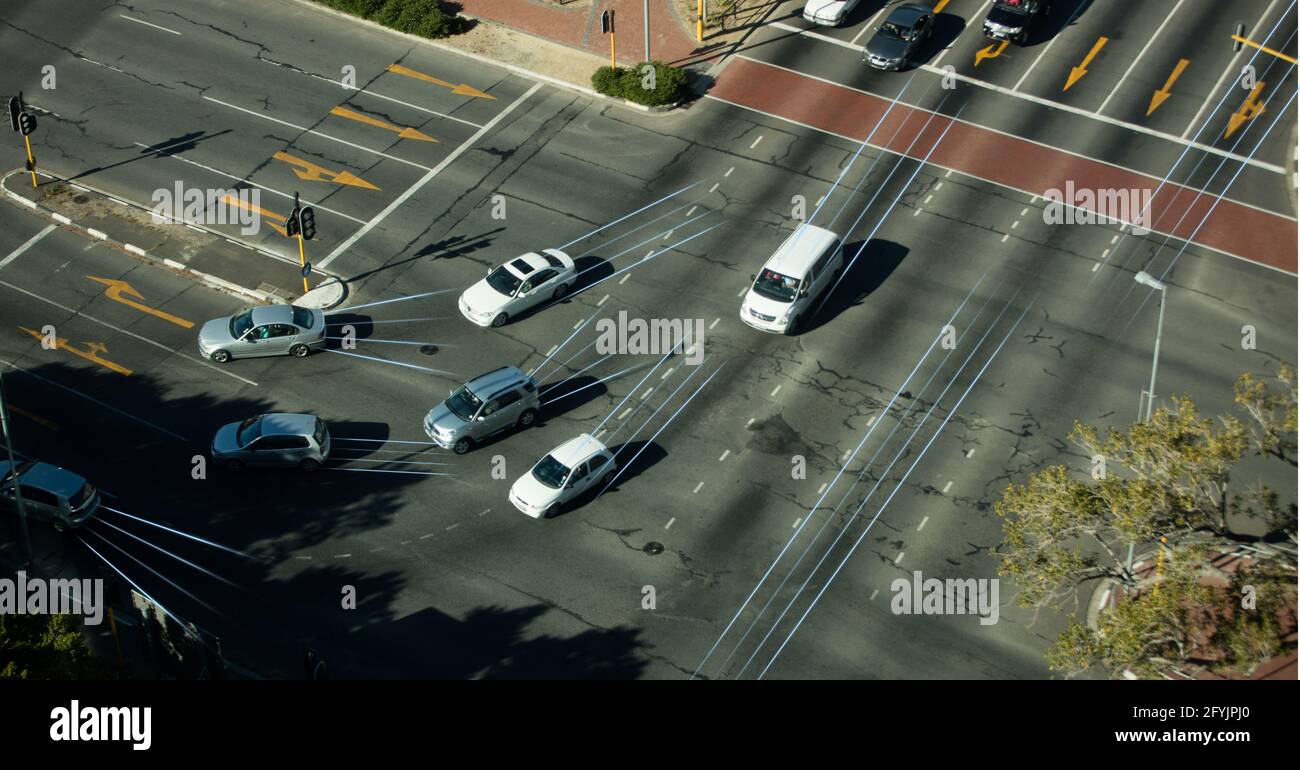Composition of network of light trails and connections over road ...